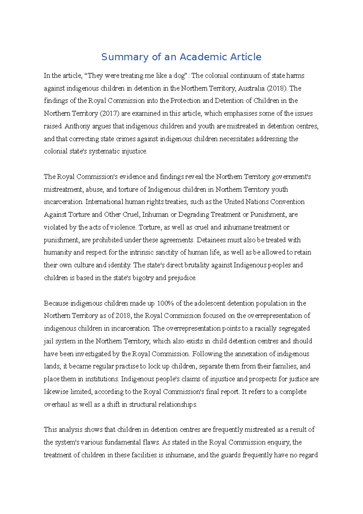Summary of an Academic Article - The findings of the Royal Commission ...