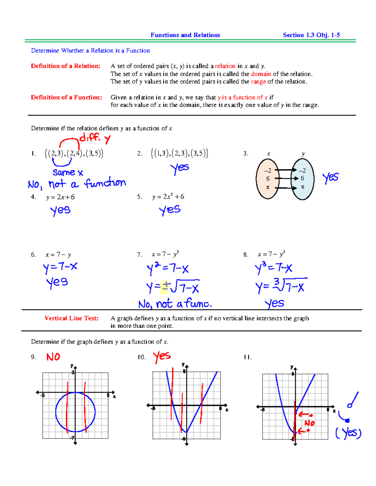 5S Sect 1.3 Solutions - Functions and Relations Section 1 Obj. 1- Determine Whether a Relation ...