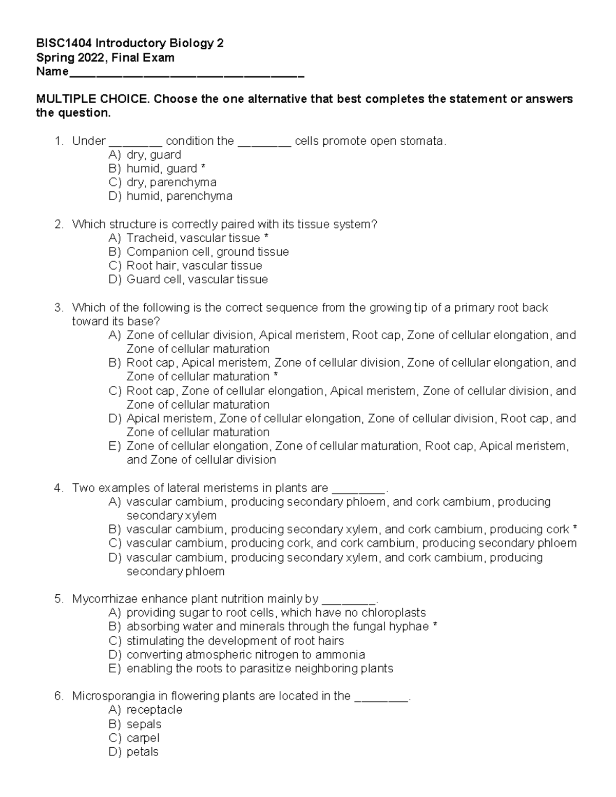Intro Bio 1404 Exam 4 BE Ans - BISC1404 Introductory Biology 2 Spring ...