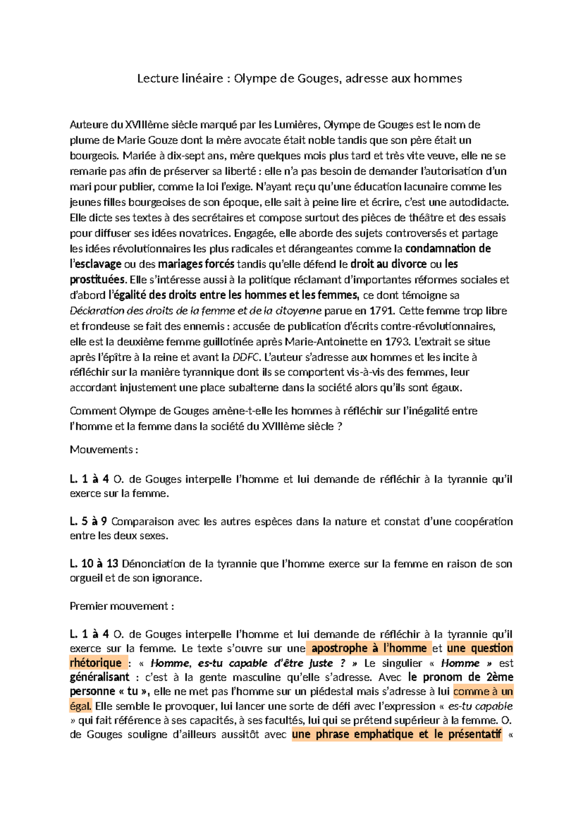Olympe de Gouges adresse aux hommes LL - Lecture linéaire : Olympe de ...