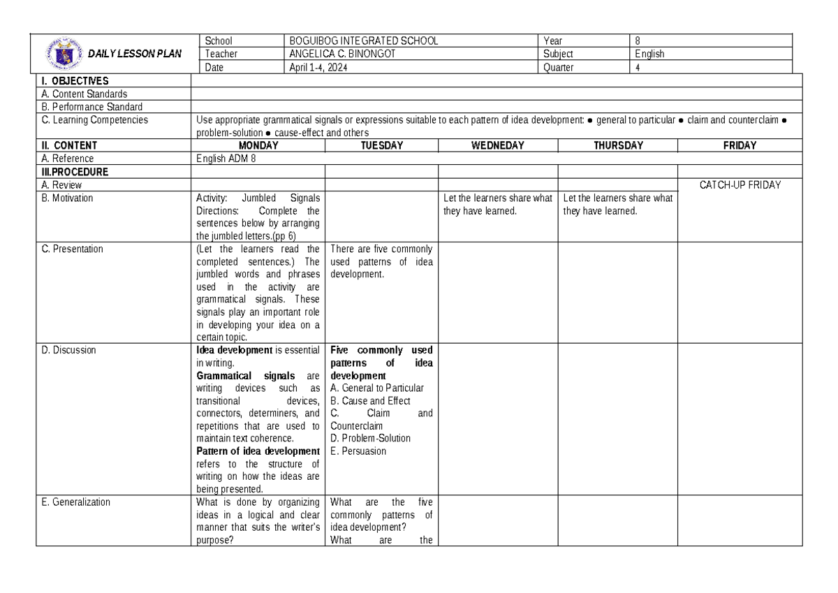 Daily Lesson PLAN ENG8 WK1Q4 - I. OBJECTIVES A. Content Standards B ...