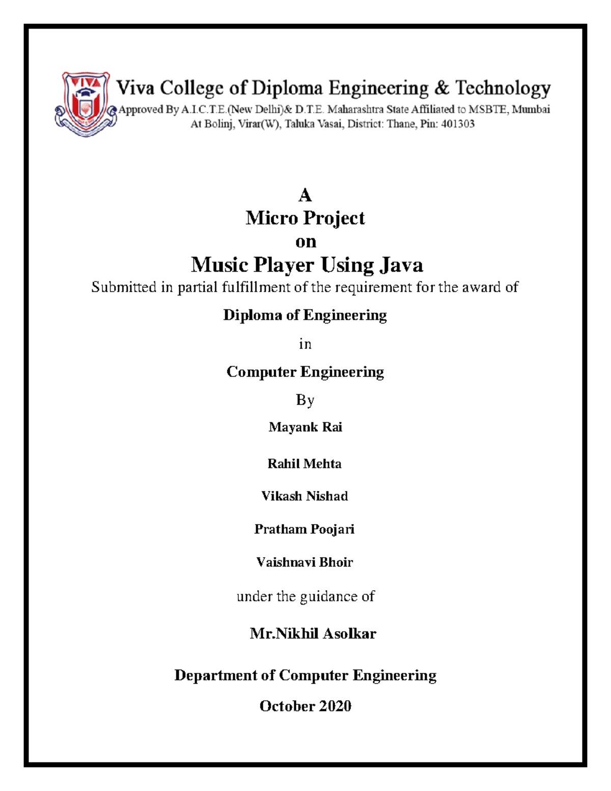 Ajp 22517 Micro Project Report A Micro Project On Music Player Using Java Submitted In Partial