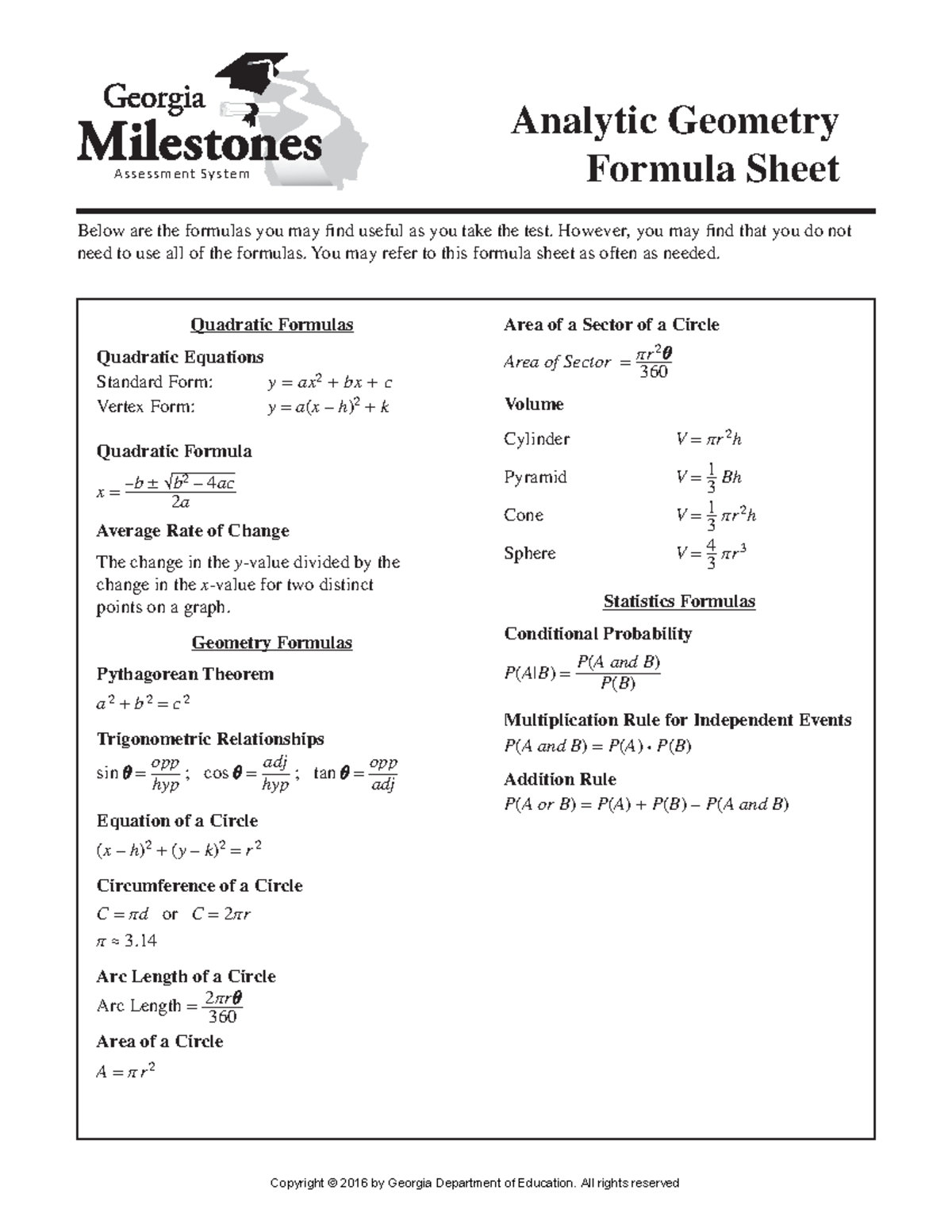 Analytic Geometry Formula Sheet - Studocu
