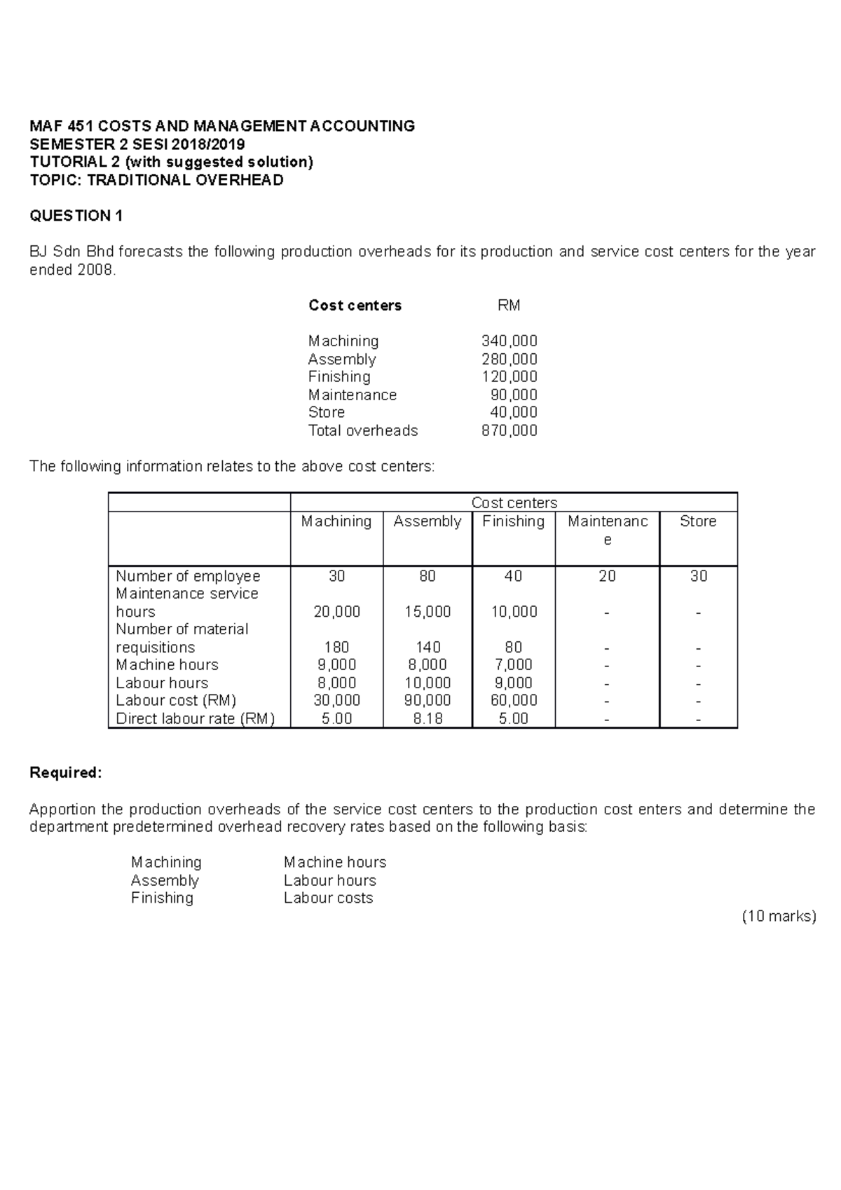 Tutorial 2 Traditional Overhead Q amended MArch 2021 - MAF 451 COSTS AND MANAGEMENT ACCOUNTING ...