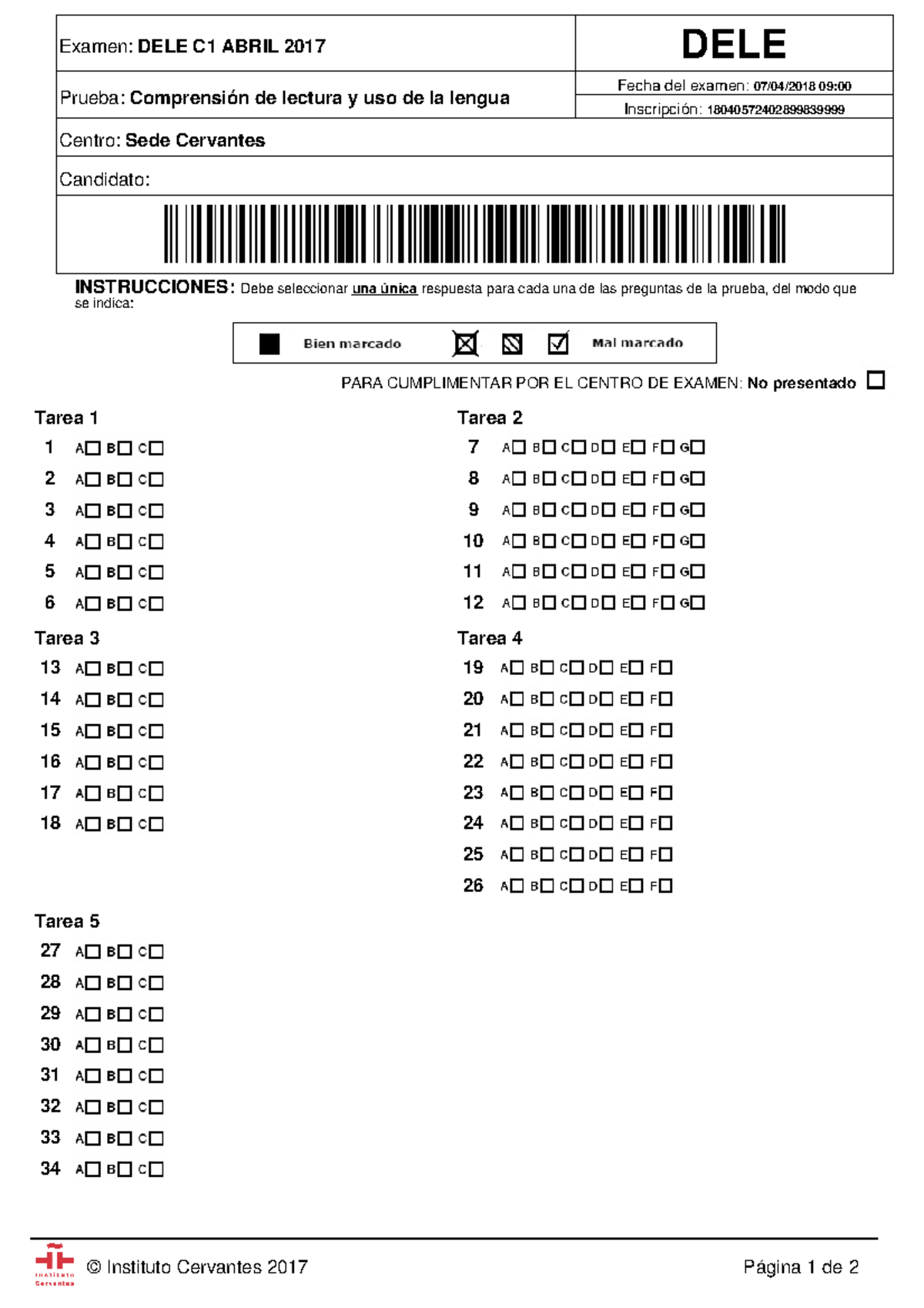 DELE-C1 Modelo-Hoja-de-respuestas - INSTRUCCIONES: Debe seleccionar una ...