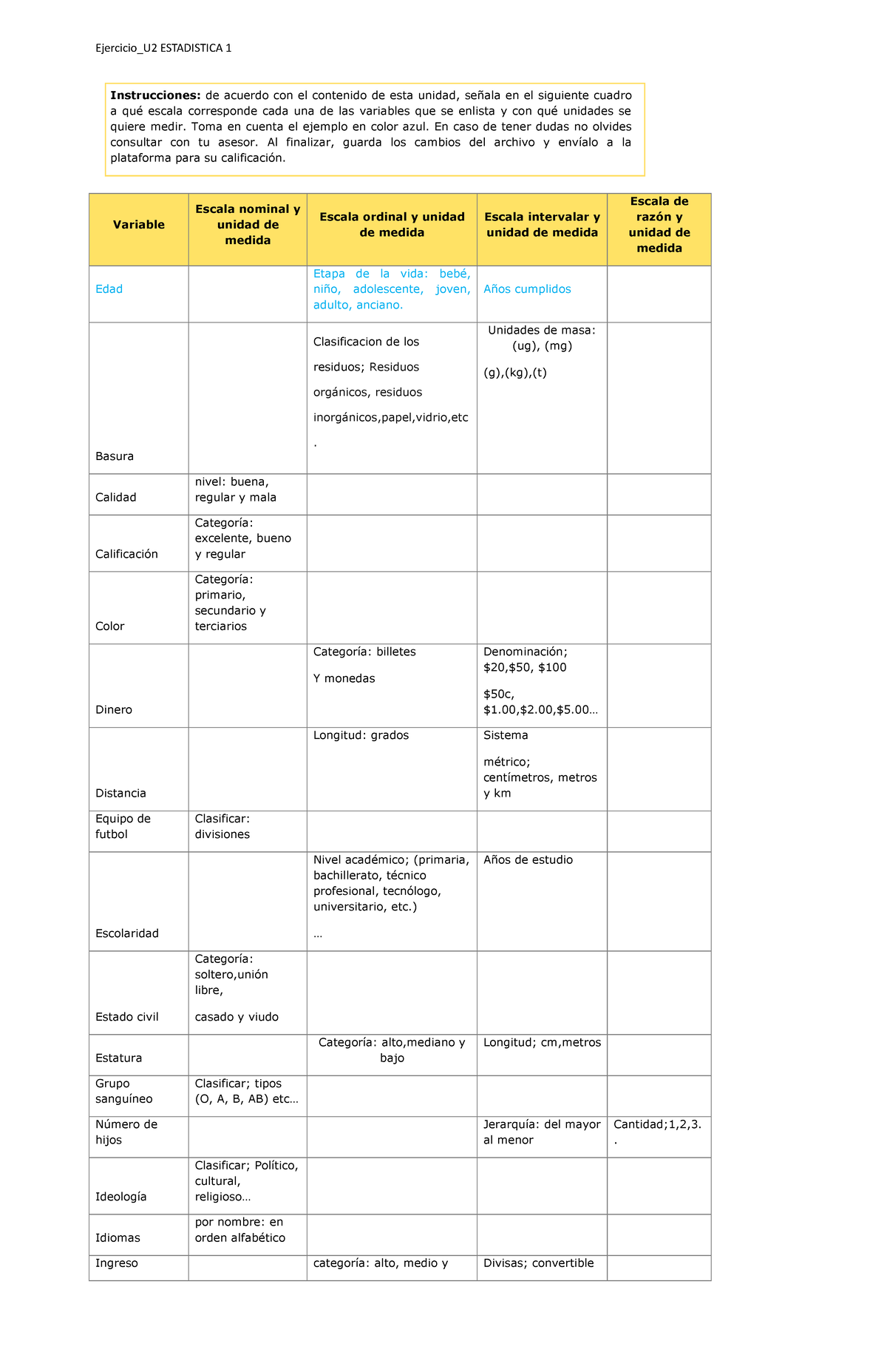 Ejercicio u2 Estadistica 1 - Ejercicio_U2 ESTADISTICA 1 Variable Escala ...