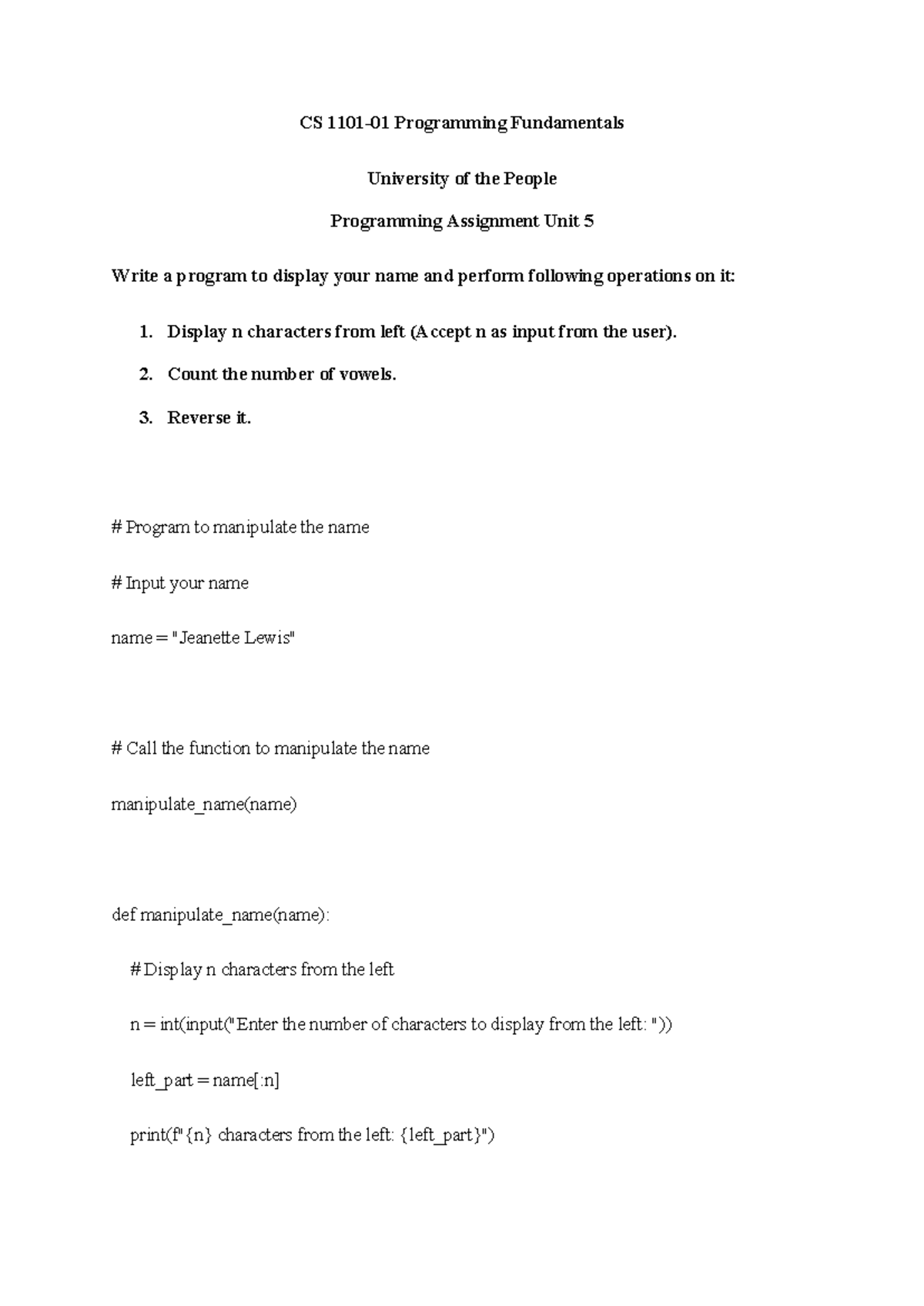 Programming Assignment Unit 5 Cs 1101 01 Programming Fundamentals 7468