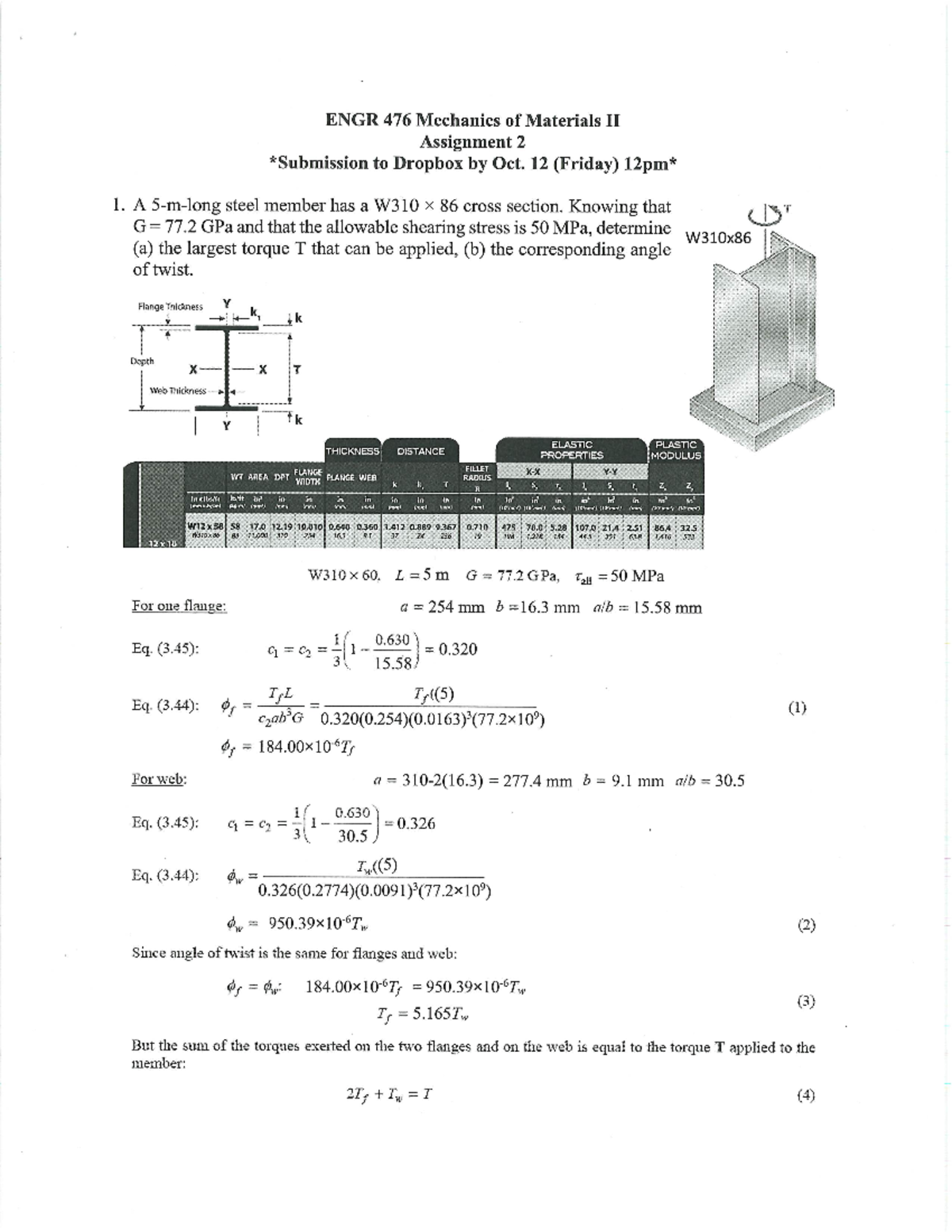 Assignment 2 Solution 2020 - ENGR 476 Mechanics of Materials II ...