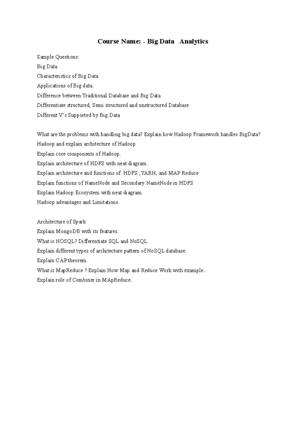 BDA IA1 Sample Questions - Course Name: - Big Data Analytics Sample ...