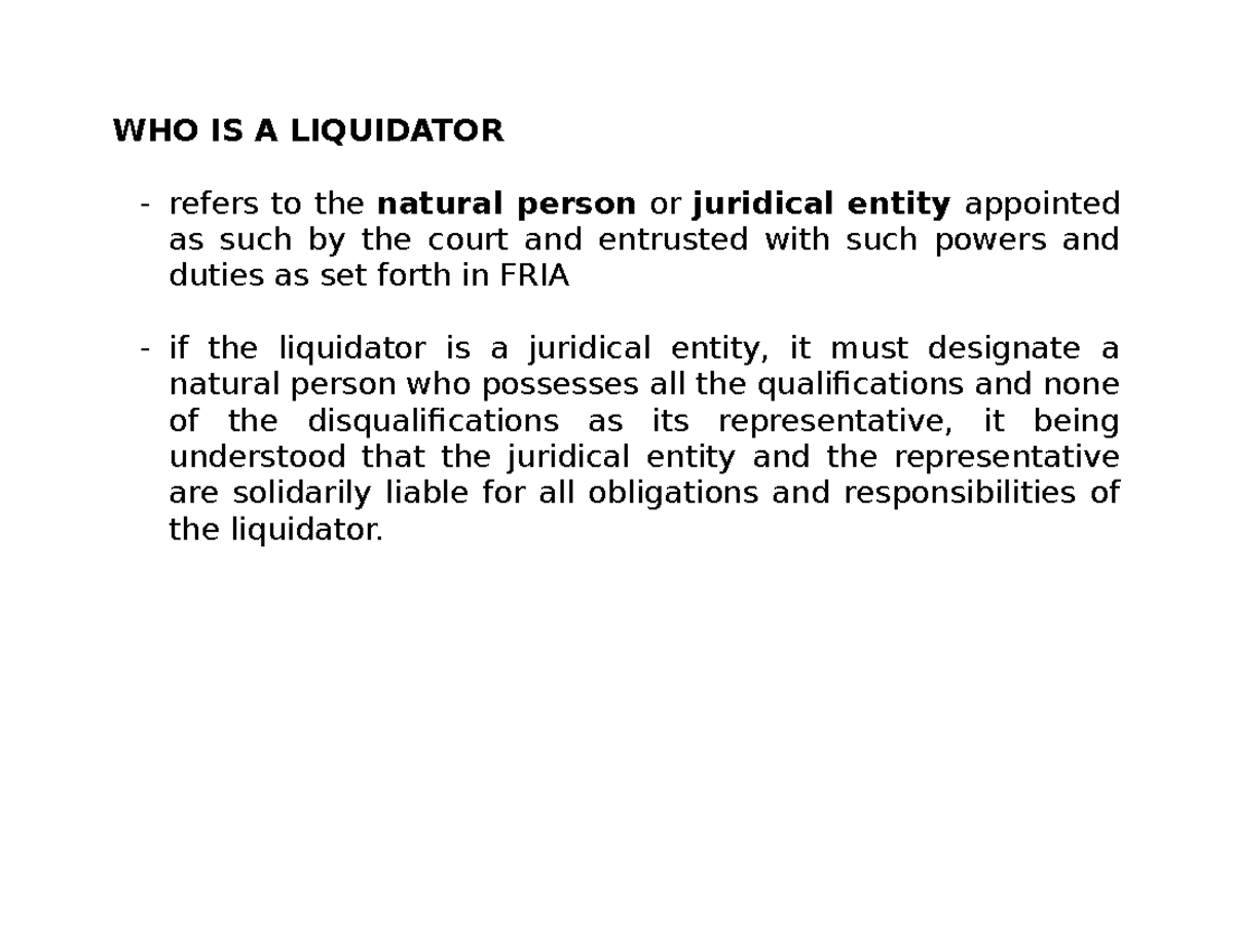 Business Law Class Notes, Liquidator Topic - WHO IS A LIQUIDATOR refers ...
