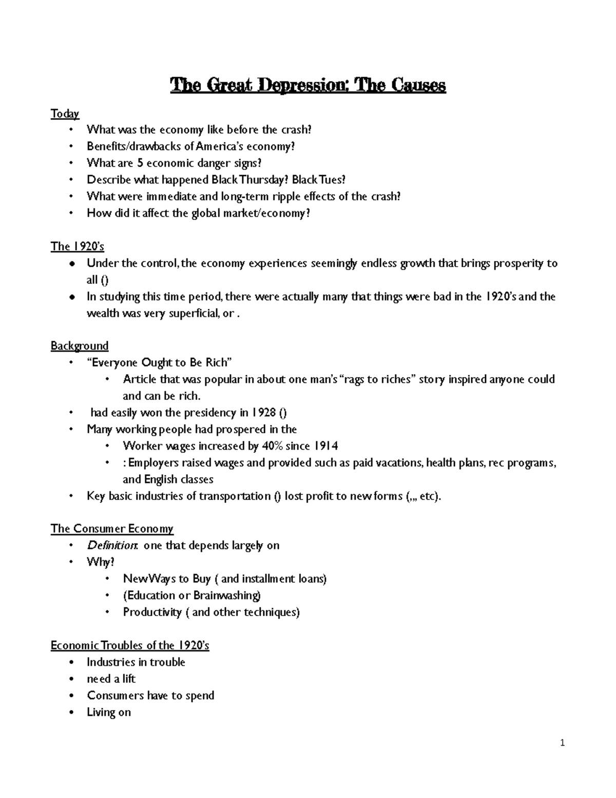 Great Depression- Causes Guided Notes - The Great Depression: The ...