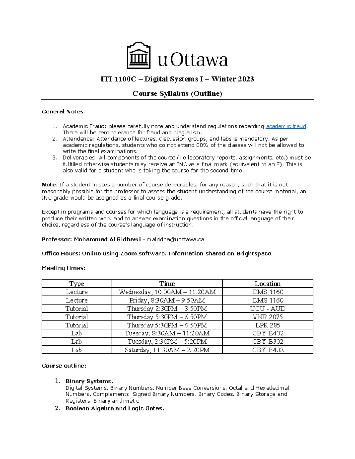 ITI1100C W23 Syllabus - ITI 1100C – Digital Systems I – Winter 2023 ...