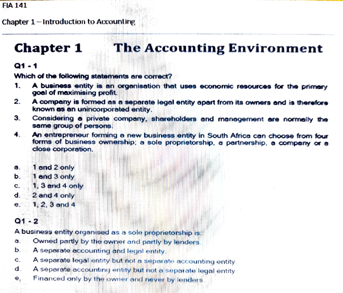 FIA 141 Homework 1 - FIA 141 Chapter 1-Introduction to Accounting - Studocu