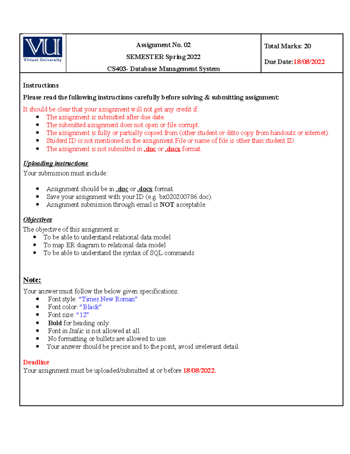 Spring 2022 CS403 2 - sdfds - Assignment No. 02 SEMESTER Spring 2022 ...