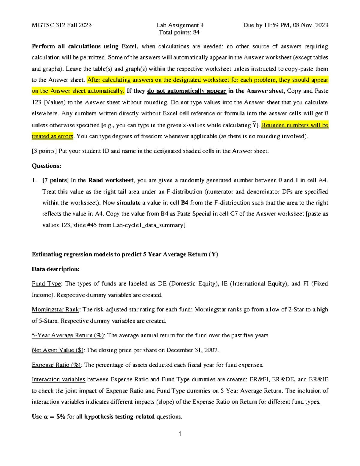 Lab Assign 3 instructions 08Nov2023 - Total points: 84 Perform all calculations using Excel ...