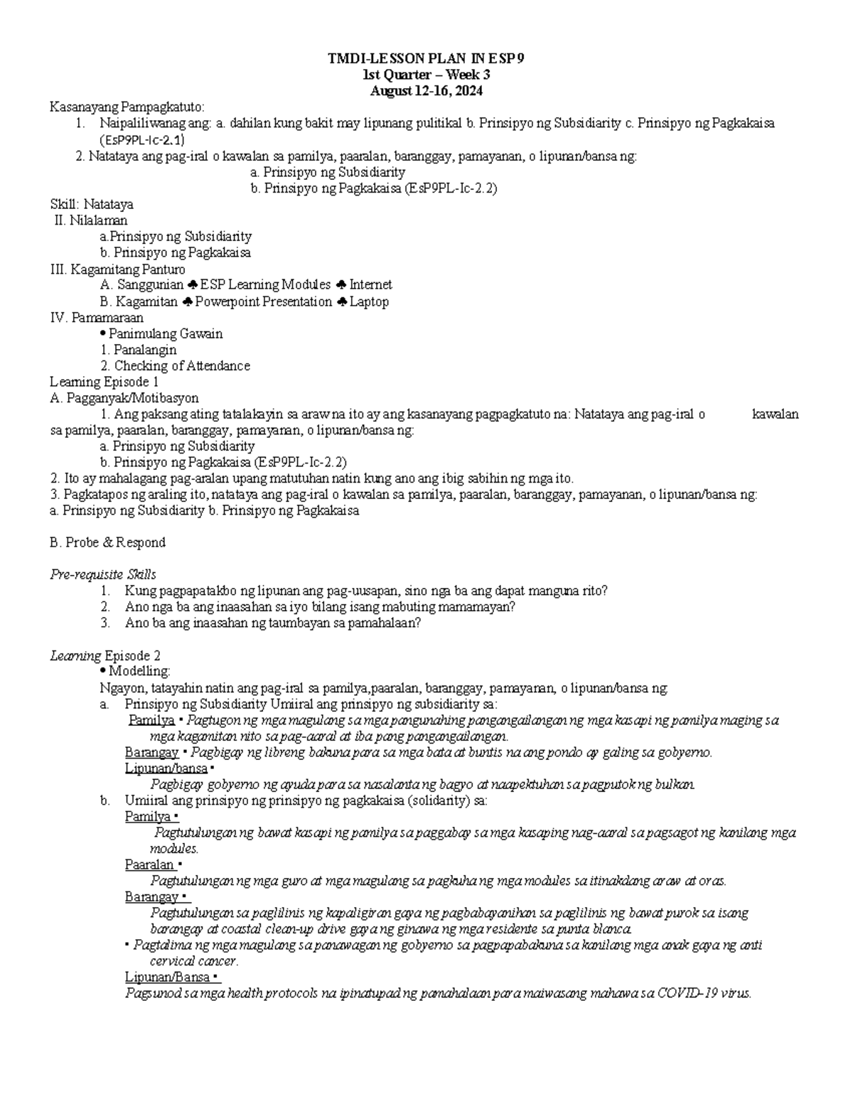 Lesson PLAN IN ESP 9 week 3 - TMDI-LESSON PLAN IN ESP 9 1st Quarter ...