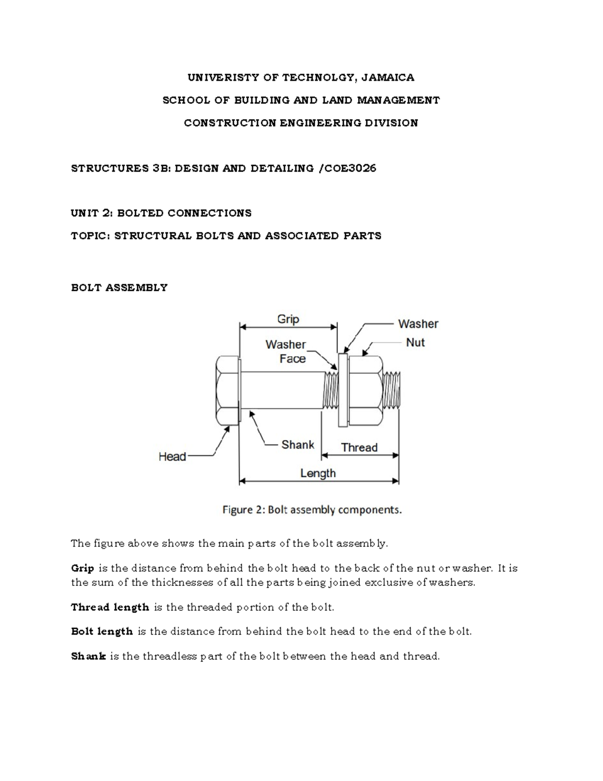 1. Structural Bolts - Basic concepts - UNIVERISTY OF TECHNOLGY, JAMAICA ...