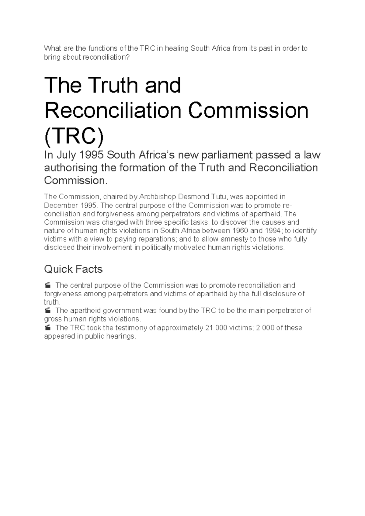 What are the functions of the TRC in healing South Africa from its past ...