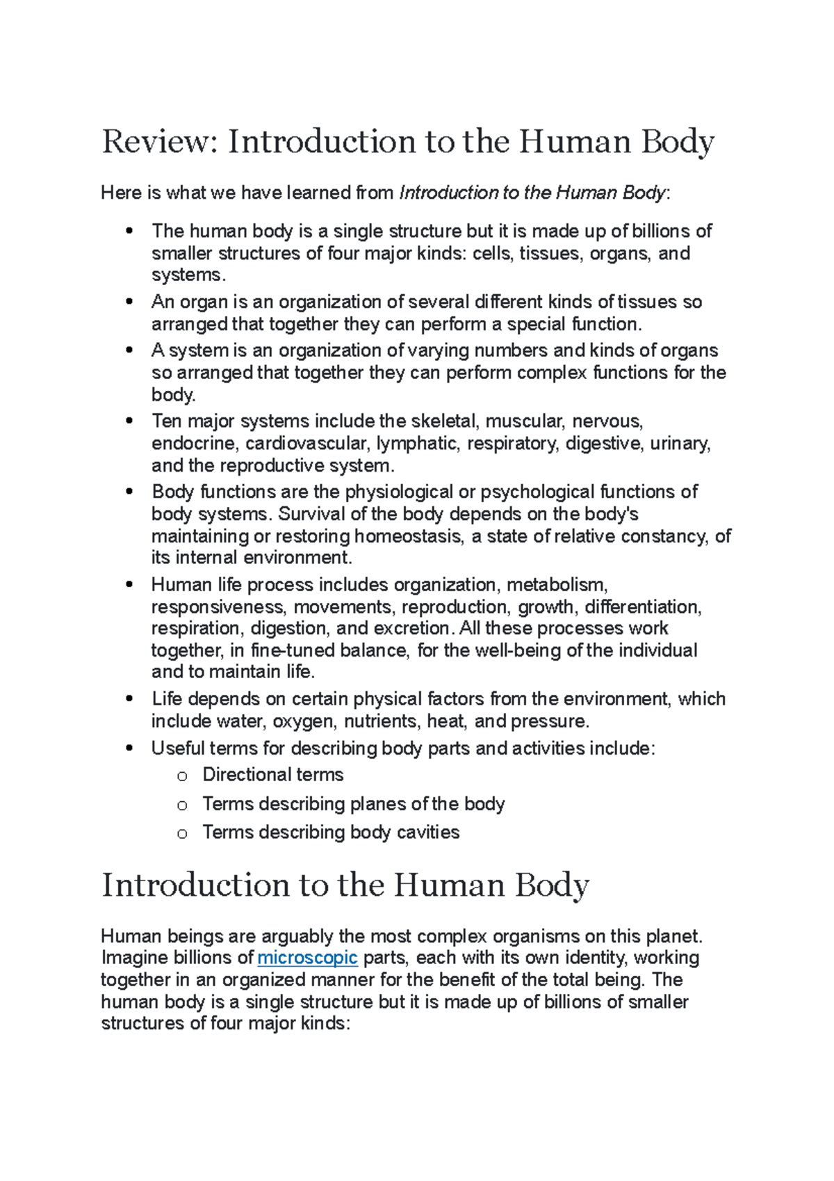 Human body - Review: Introduction to the Human Body Here is what we ...