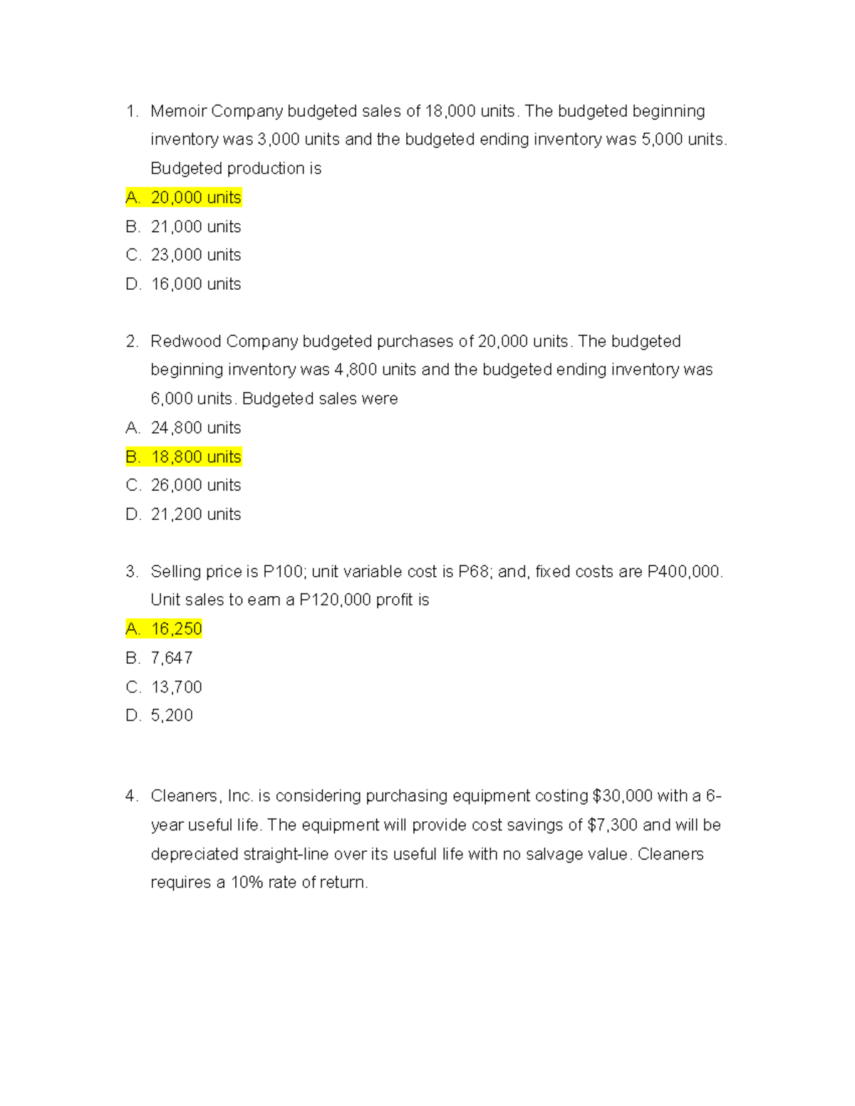 FE RM 1 - FE RM 1 - Memoir Company budgeted sales of 18,000 units. The ...