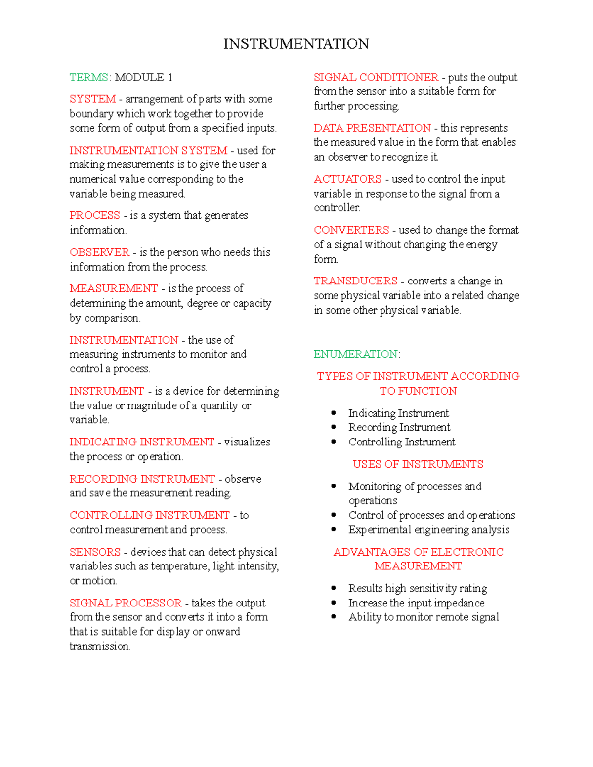 Instrumentation- Reviewer 1 - INSTRUMENTATION TERMS: MODULE 1 SYSTEM ...