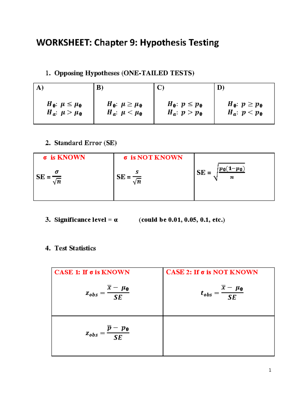 C9 Worksheet - Summary for Chapter 9 - WORKSHEET: Chapter 9: Hypothesis ...