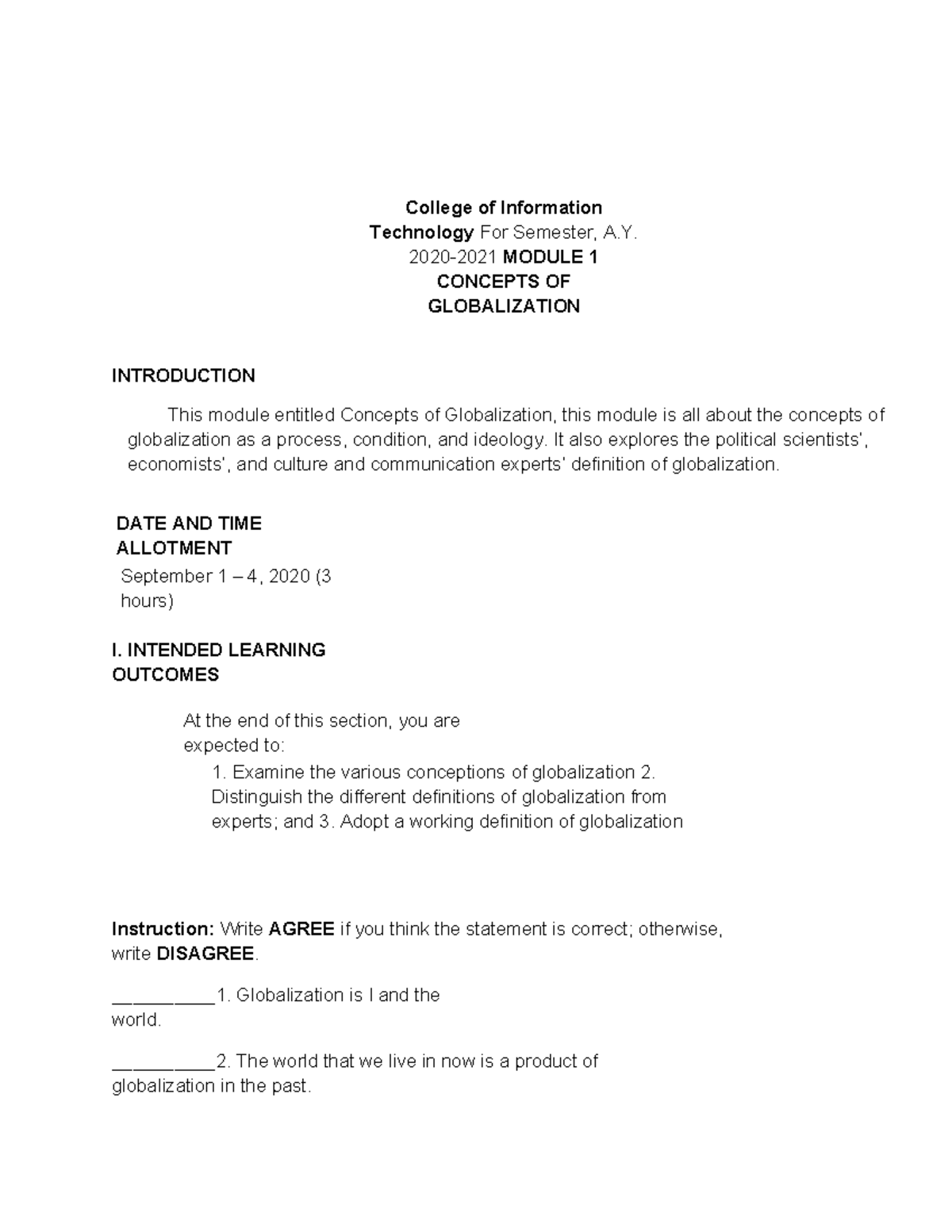 Module 1. Cont. World - College of Information Technology For Semester, A. 2020-2021 MODULE 1 ...