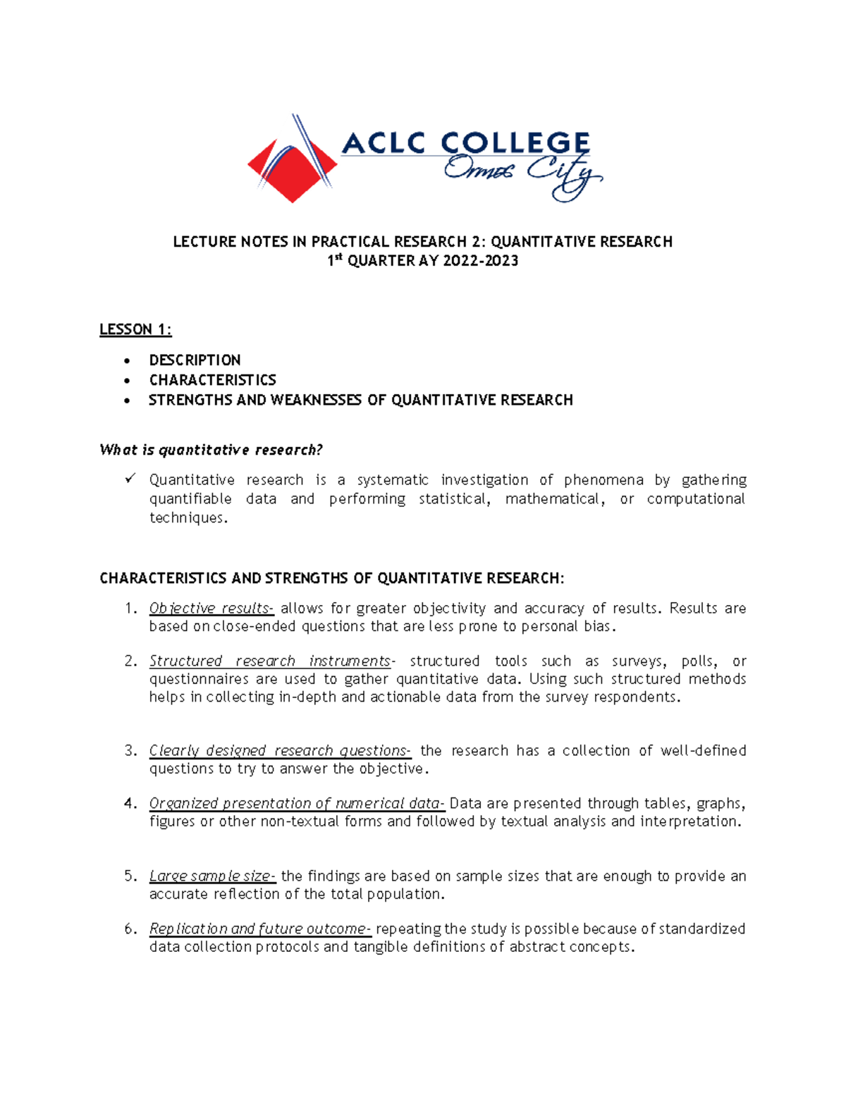 PR 2 Reviewer 1st Qtr 1 - LECTURE NOTES IN PRACTICAL RESEARCH 2 ...