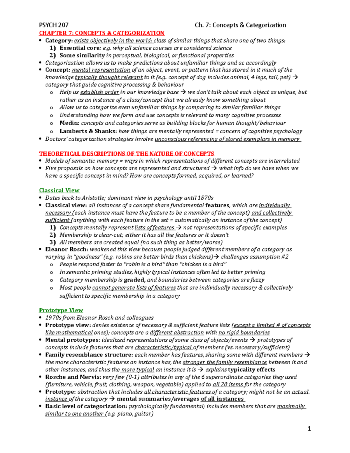 Chapter 7 - Concepts & Categorization - PSYCH 207 Ch. 7: Concepts & Categorization - Studocu