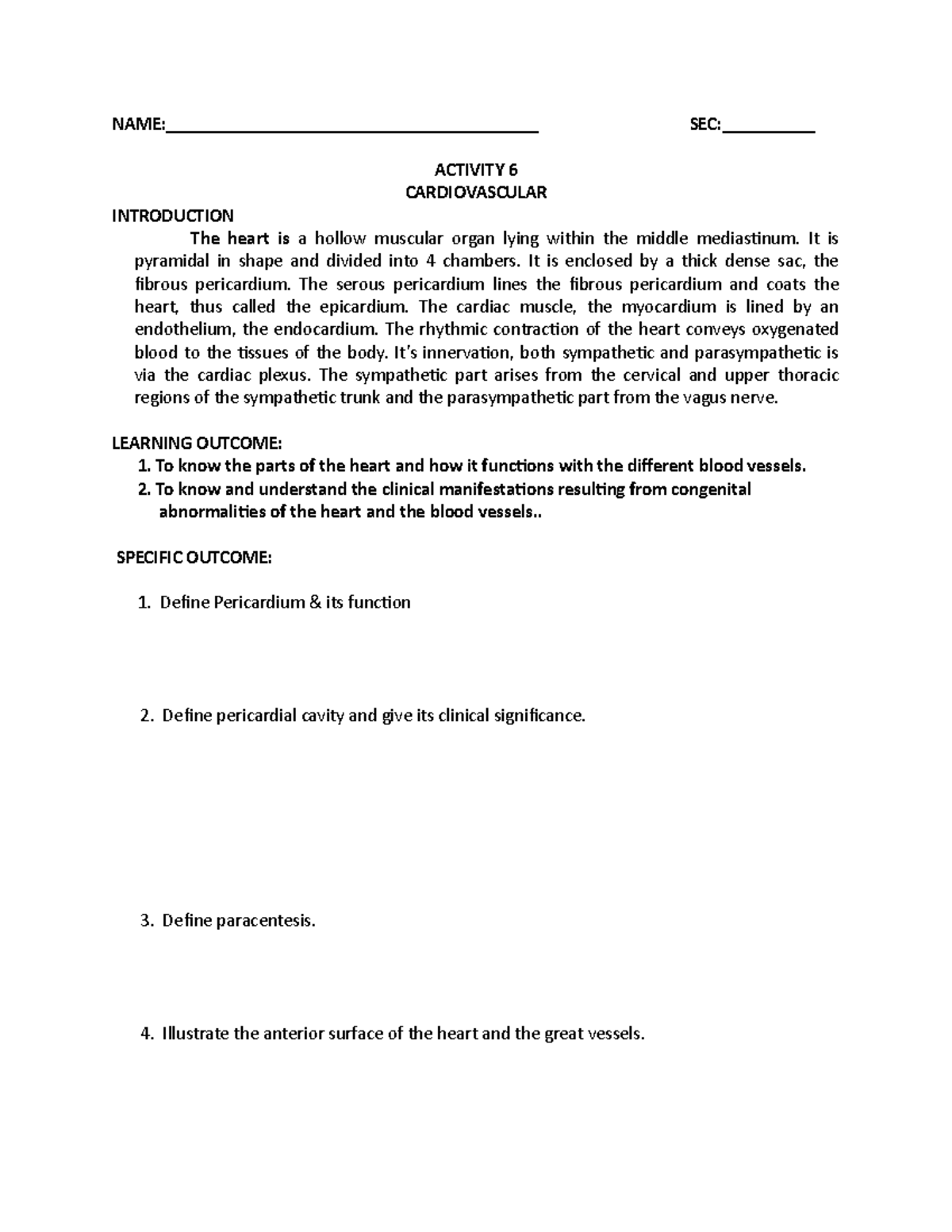 Activity 6 - Worksheet for general anatomy - NAME