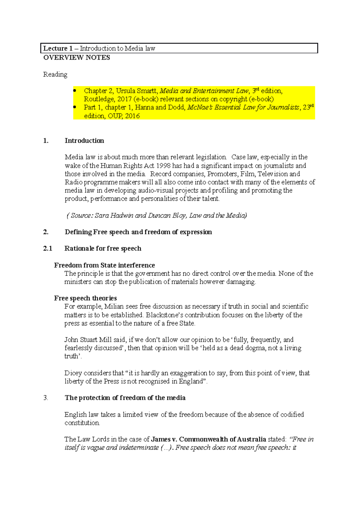 Introduction to Media law lecture notes - Lecture 1 – Introduction to ...