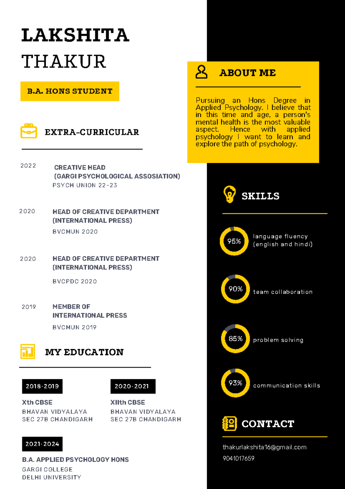 Sample curriculum vitae - 95% 90% 85% LAKSHITA THAKUR ABOUT ME SKILLS ...