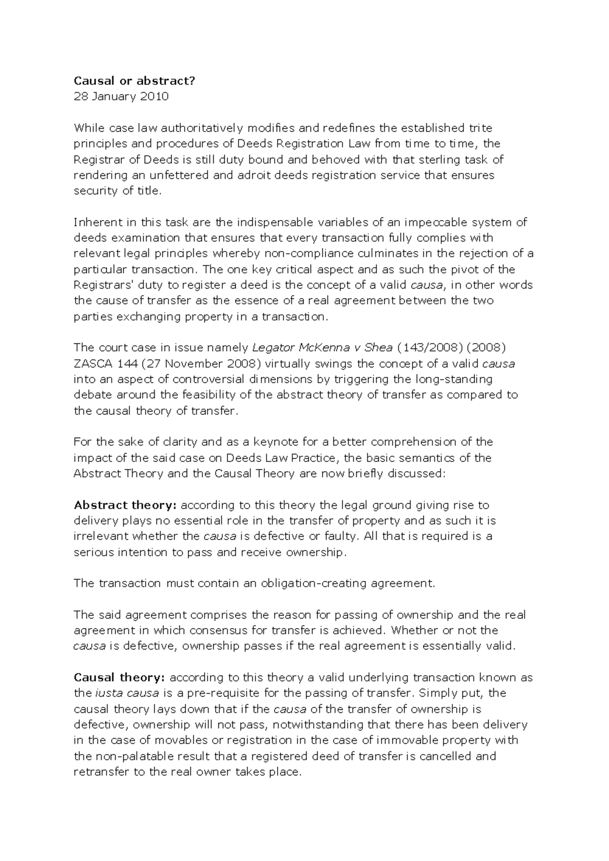 Causal or abstract (Registrar of Deeds) - Causal or abstract? 28 ...