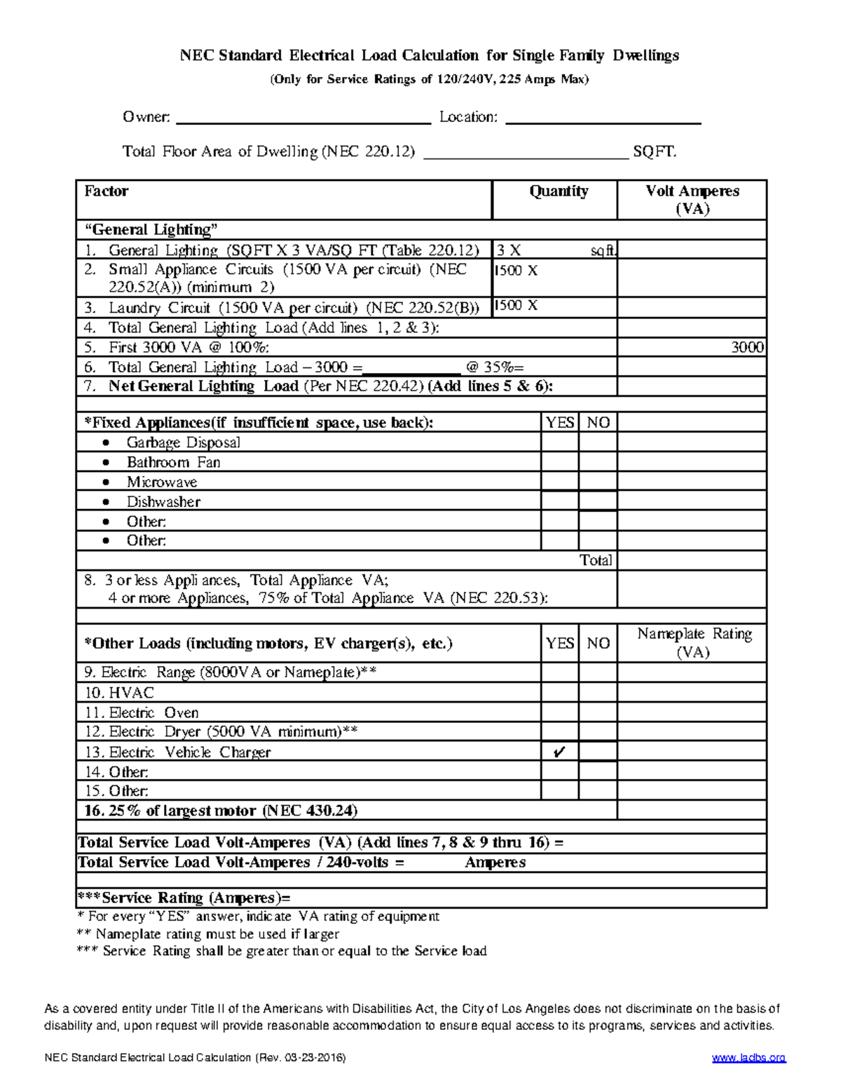 Sfd electrical vehicle charger service load calculation form in form ...