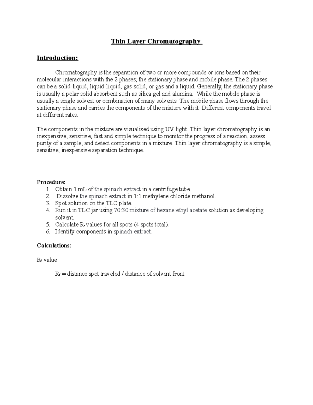 Thin Layer Chromatography Experiment Assignment (1) - Thin Layer ...