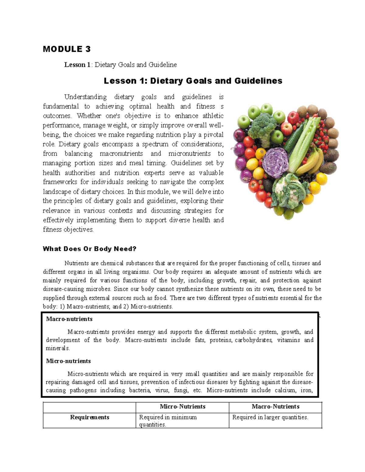 Module PED012 Module 3 Lesson 1 - MODULE 3 Lesson 1: Dietary Goals and Guideline Lesson 1 ...
