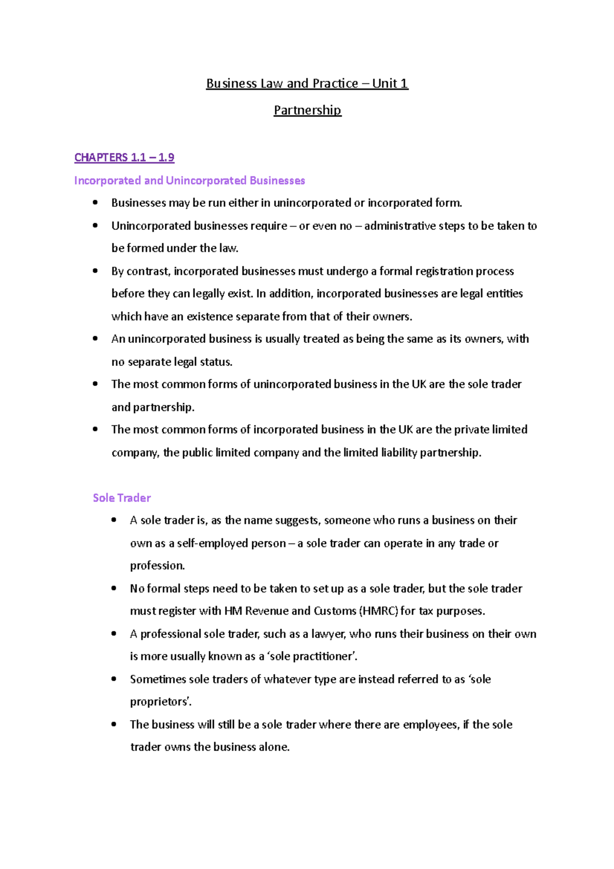 Partnerships Notes - Business Law and Practice – Unit 1 Partnership ...