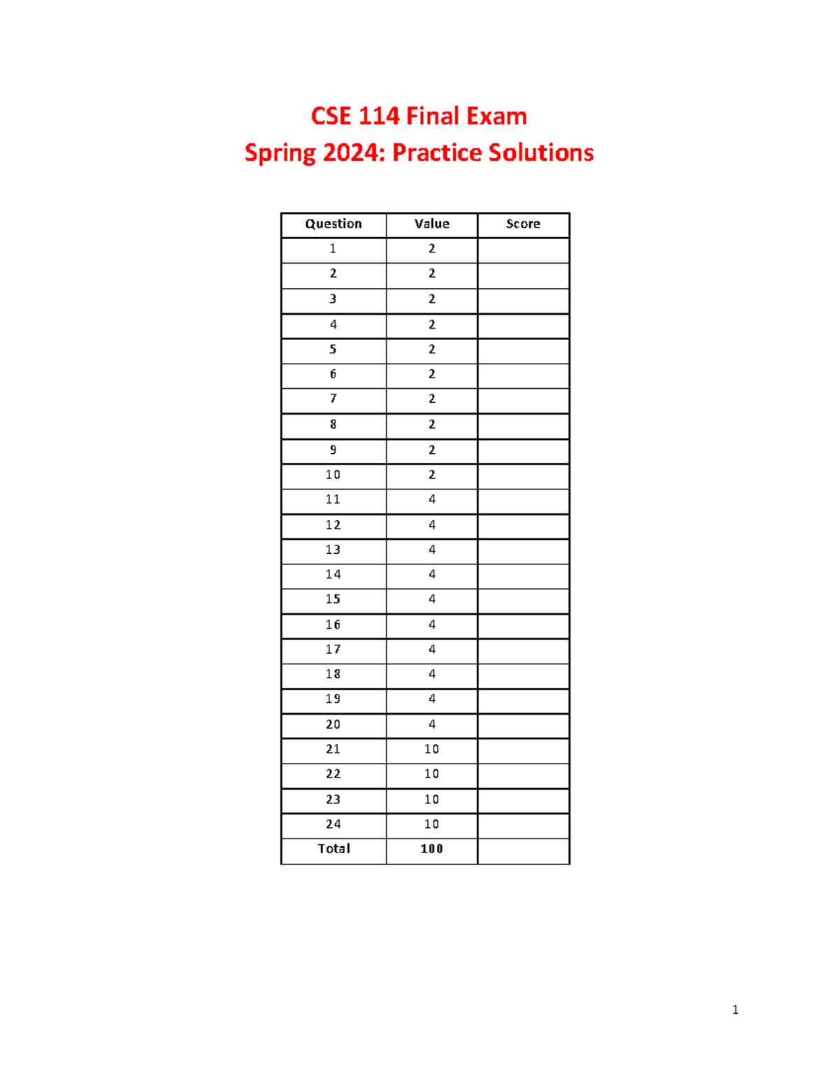 Cse114final Practice Spring 2024solutions Cse 114 Final Exam Spring 2024 Practice Solutions