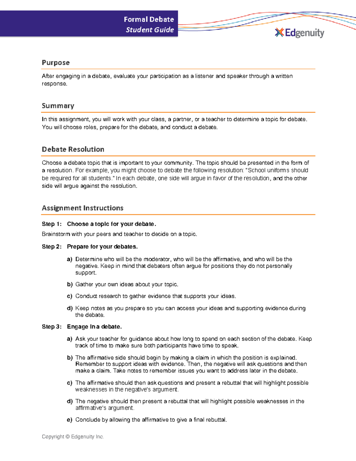 Debate Student Guide - Copyright © Edgenuity Inc. Formal Debate Student ...