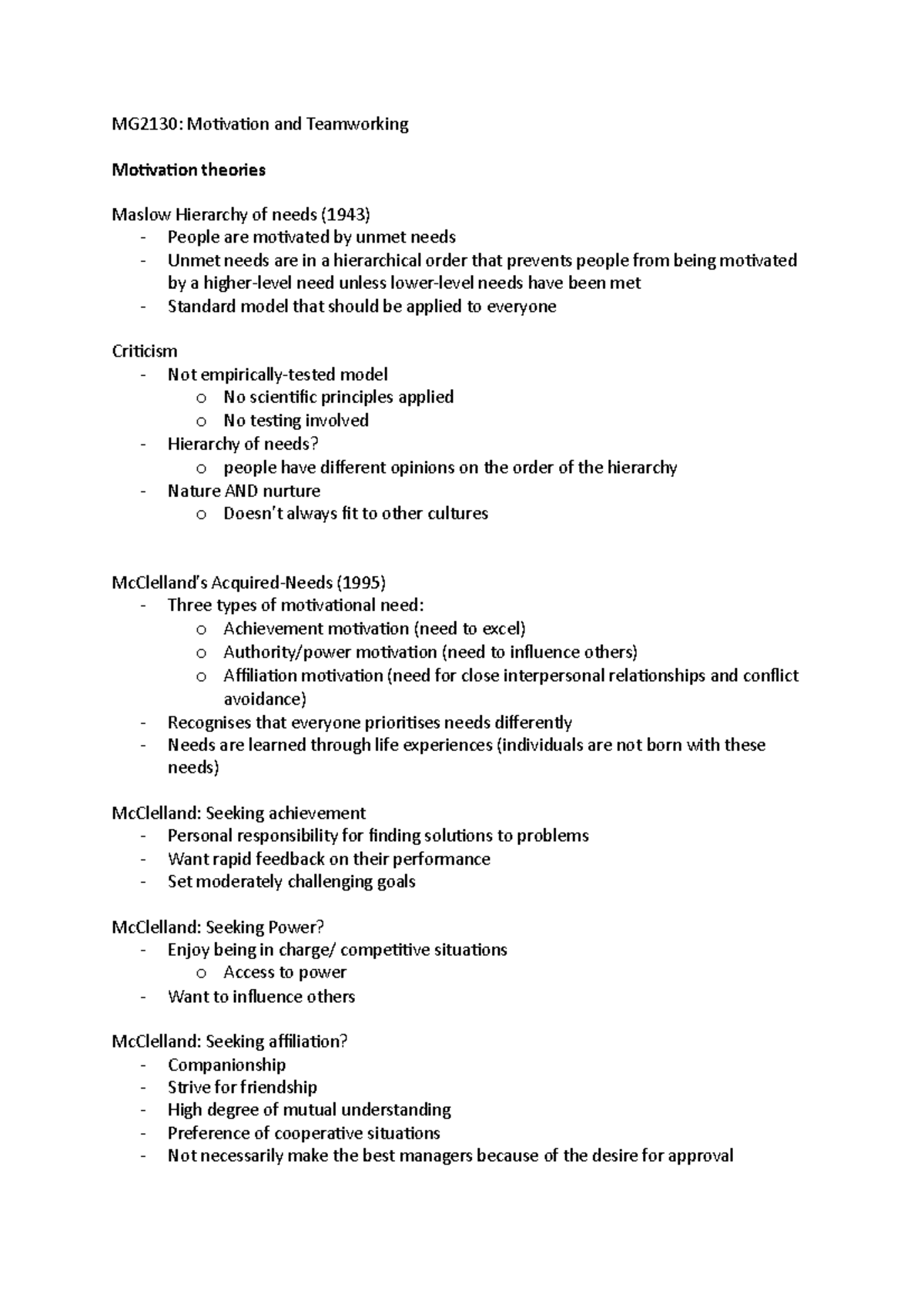 Lec 3 motivation and teamworking - MG2130: Motivation and Teamworking ...