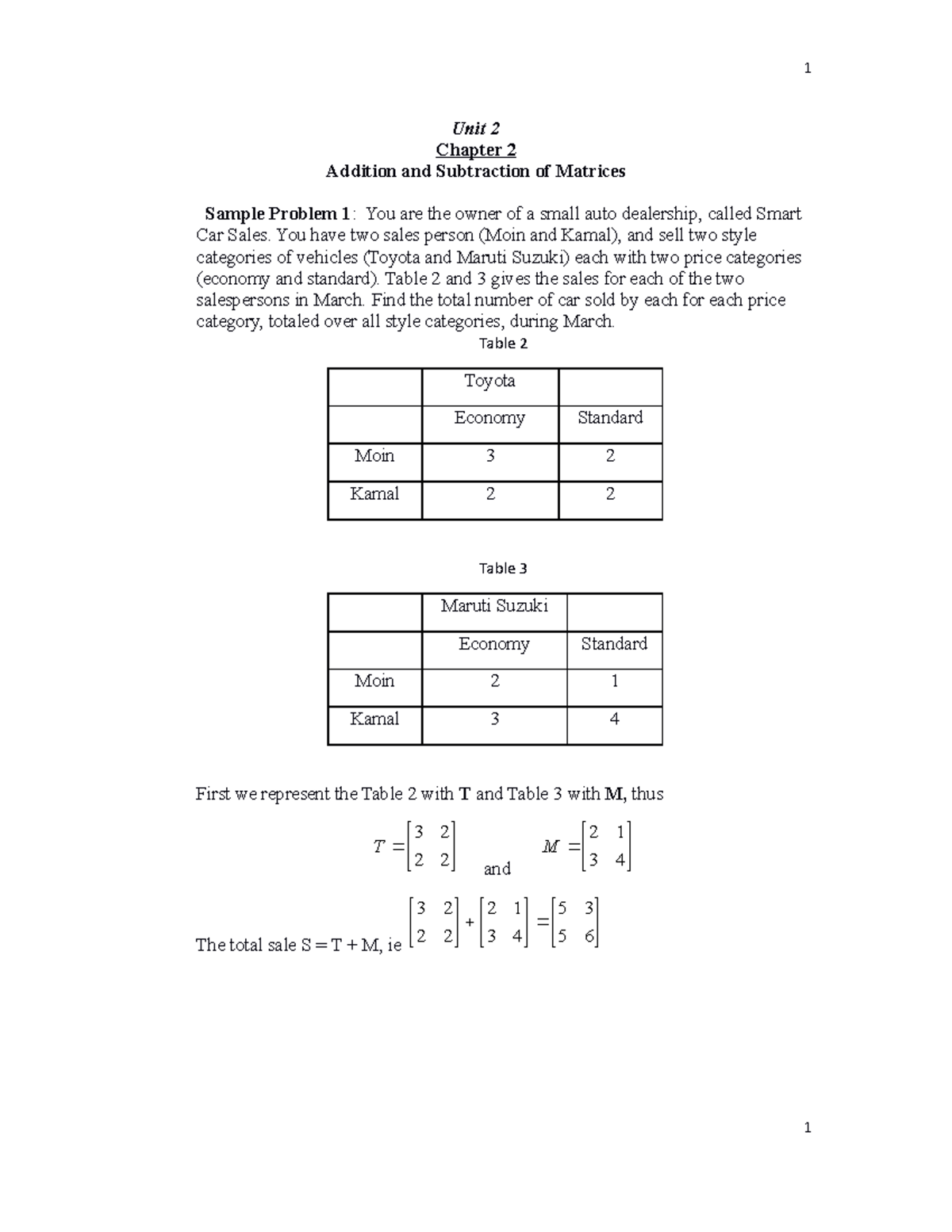 Unit 2 Chapter 2(Addition and Subtraction of Matrix) - Unit 2 Chapter 2 ...