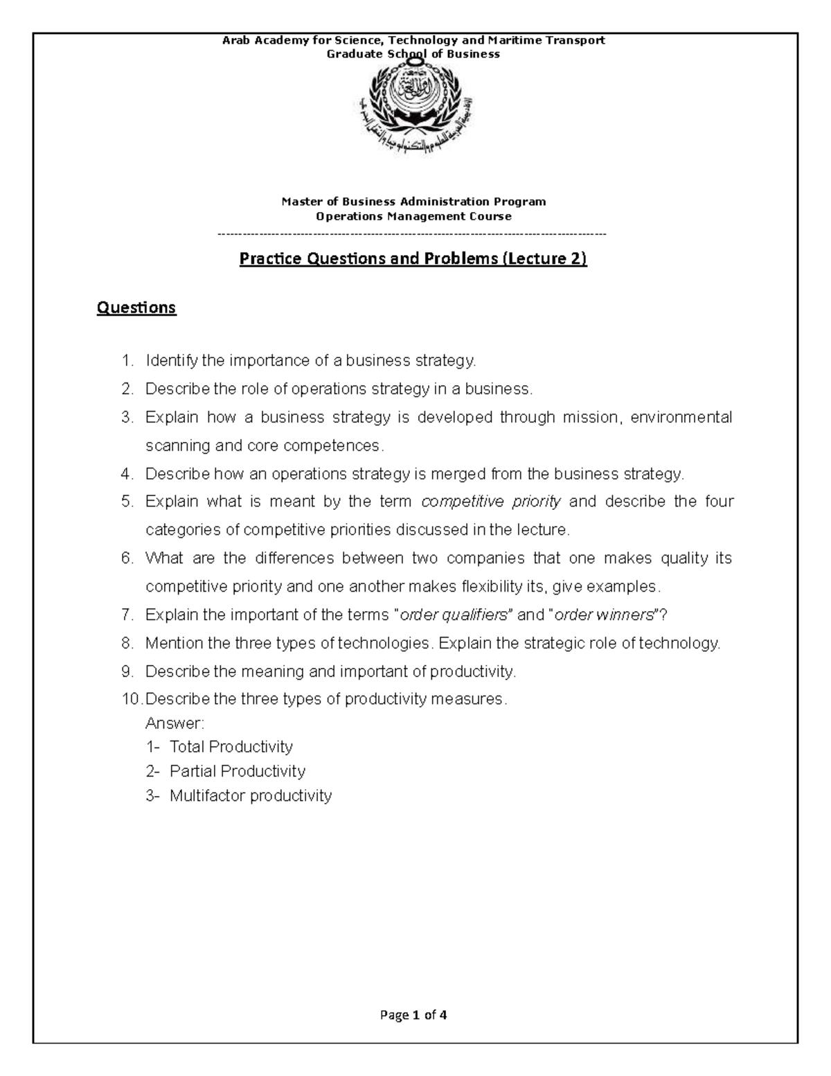 Lecture 2 Practice problems - Master of Business Administration Program ...