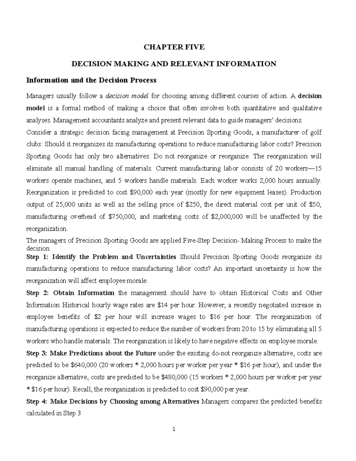 Decision Making - CHAPTER FIVE DECISION MAKING AND RELEVANT INFORMATION ...