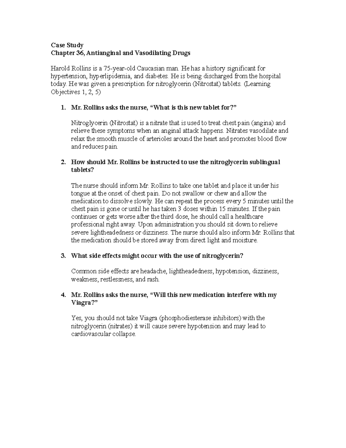 Pharm Chapter 36 Case Study - Case Study Chapter 36, Antianginal and ...
