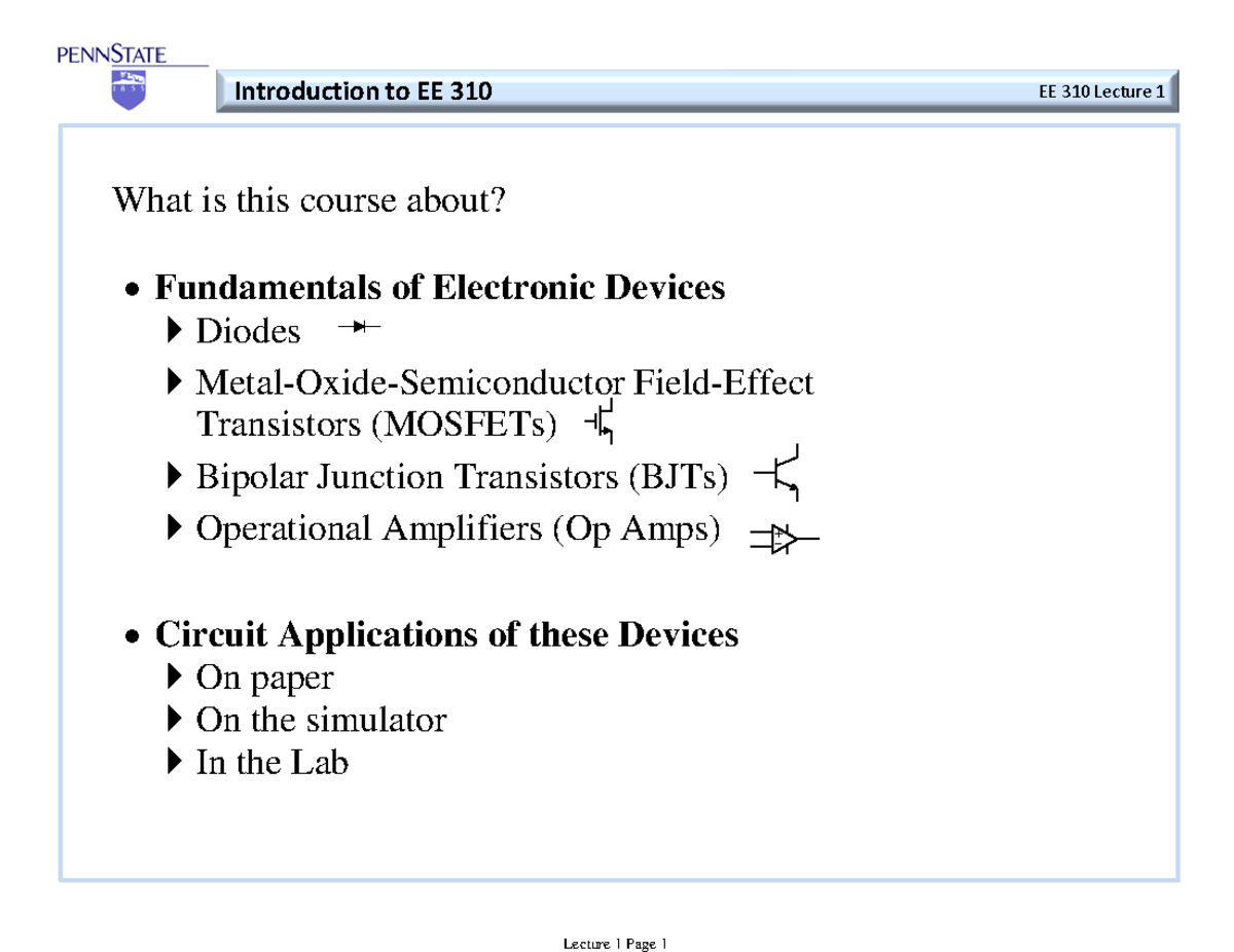 Lecture 1 - Introduction to EE 310 EE 310 Lecture 1 What is this course ...