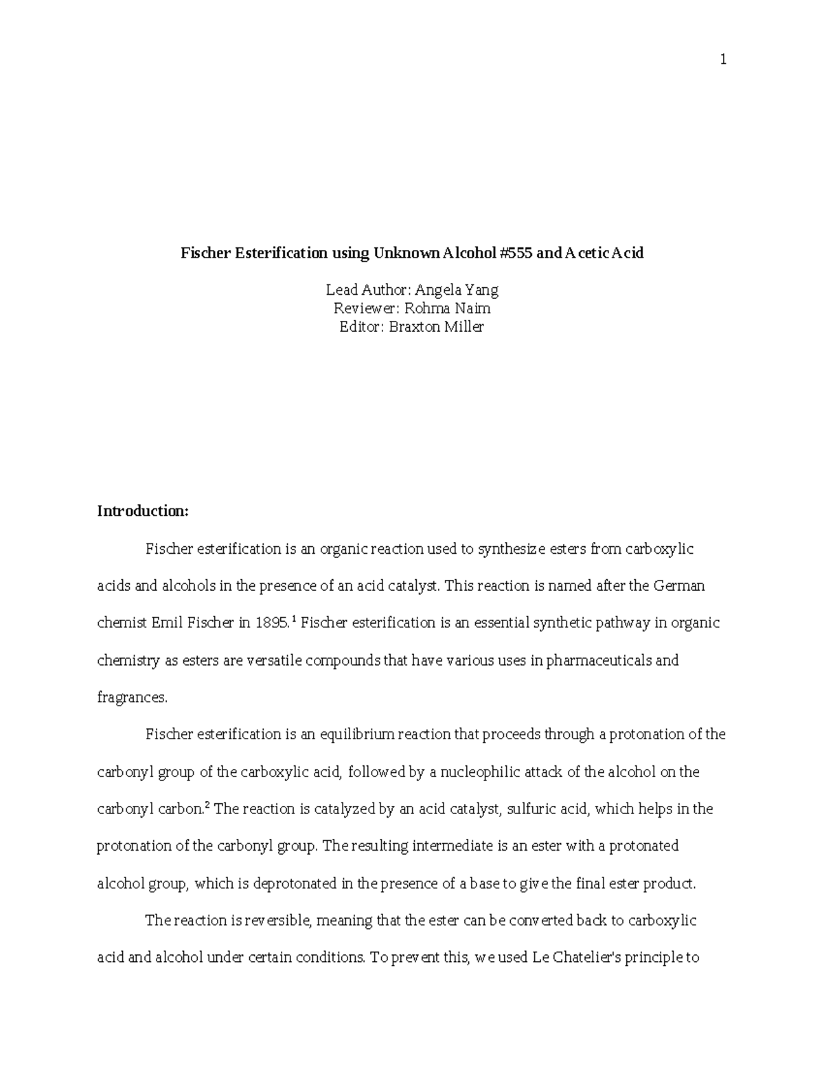Fischer Esterification using Unknown Alcohol #555 and Acetic Acid ...