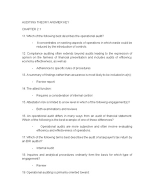 Auditing Theory Answer KEY 4 - AUDITING THEORY ANSWER KEY Chapter 1 Multiple-Choice Questions 1 ...