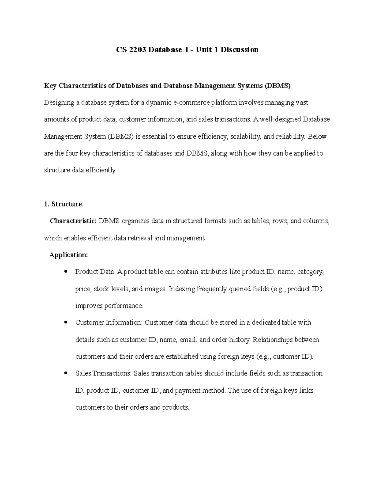 CS 2203 Database 1 UNIT 1 Discussion - CS 2203 Database 1 - Unit 1 ...