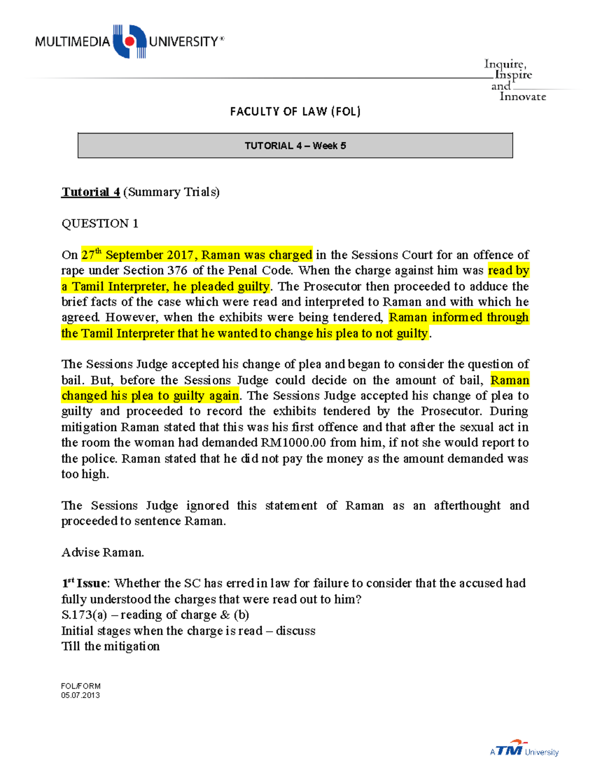 CPC2 Good Tuto Tutorial 4 - FACULTY OF LAW (FOL) TUTORIAL 4 – Week 5 ...