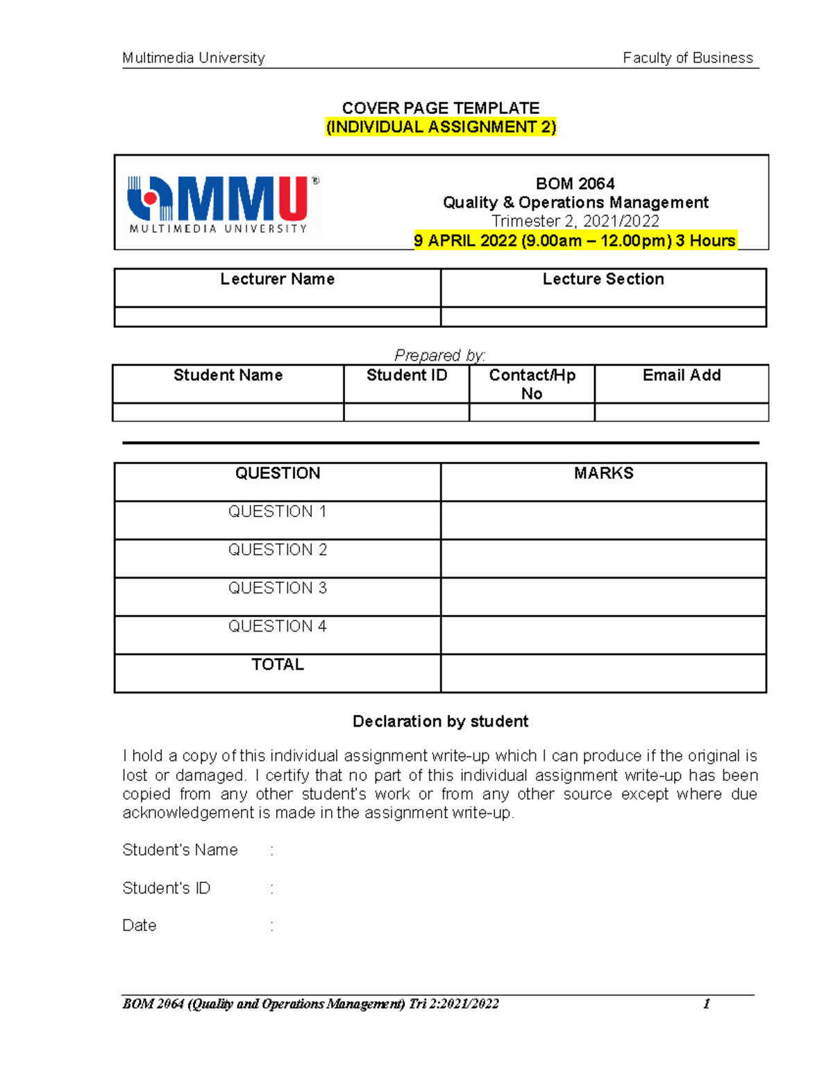 BOM 2064 Individual Assignment 2 ( Cover PAGE Template) - Multimedia ...